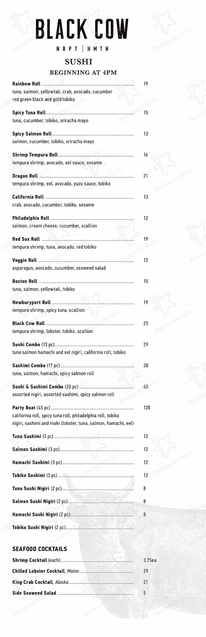 Menu at Black Cow restaurant, Newburyport
