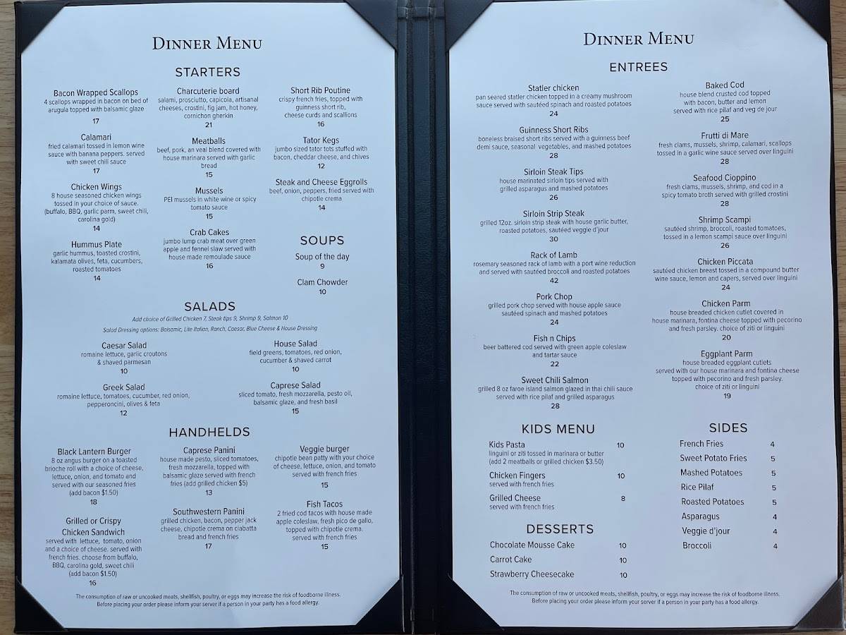 Menu at Black Lantern Tavern restaurant, Plymouth