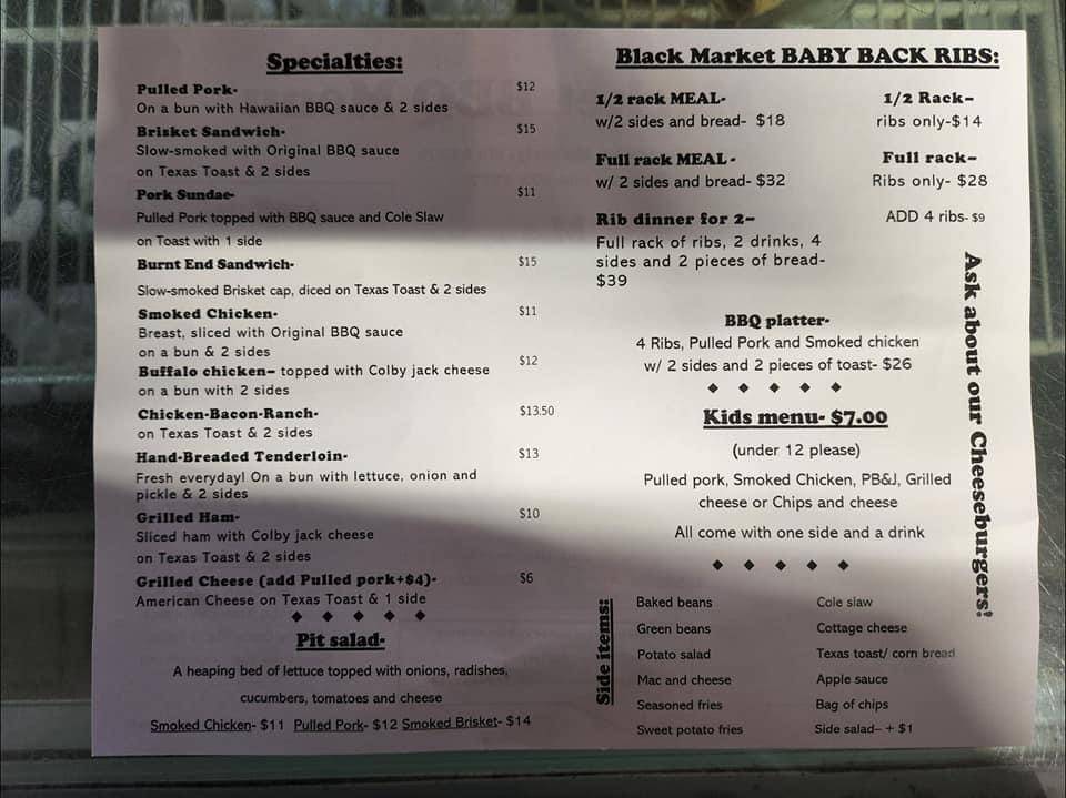 Menu at Black Market Barbeque, Moberly