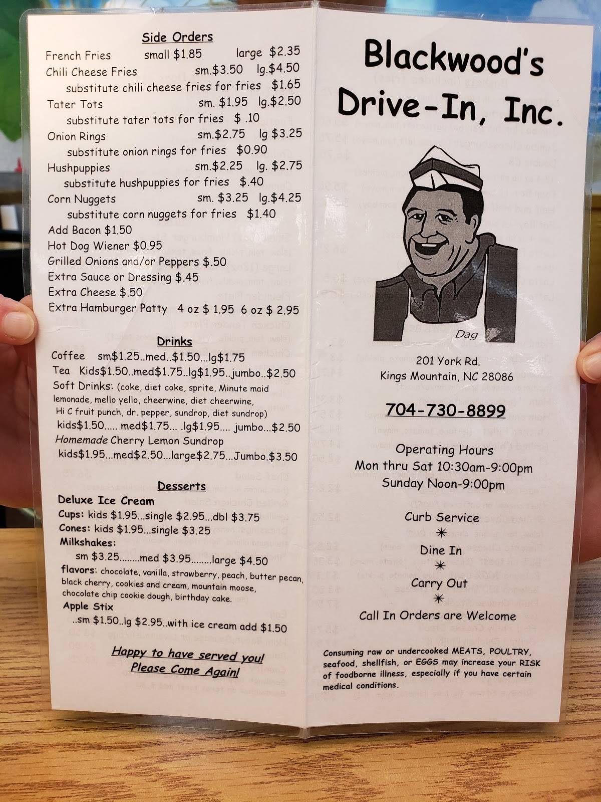 Menu at Blackwood's Drive-In restaurant, Kings Mountain