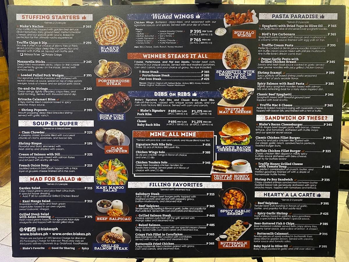 Carta del restaurante Blake's Wings & Steaks - Ayala Malls TriNoma ...