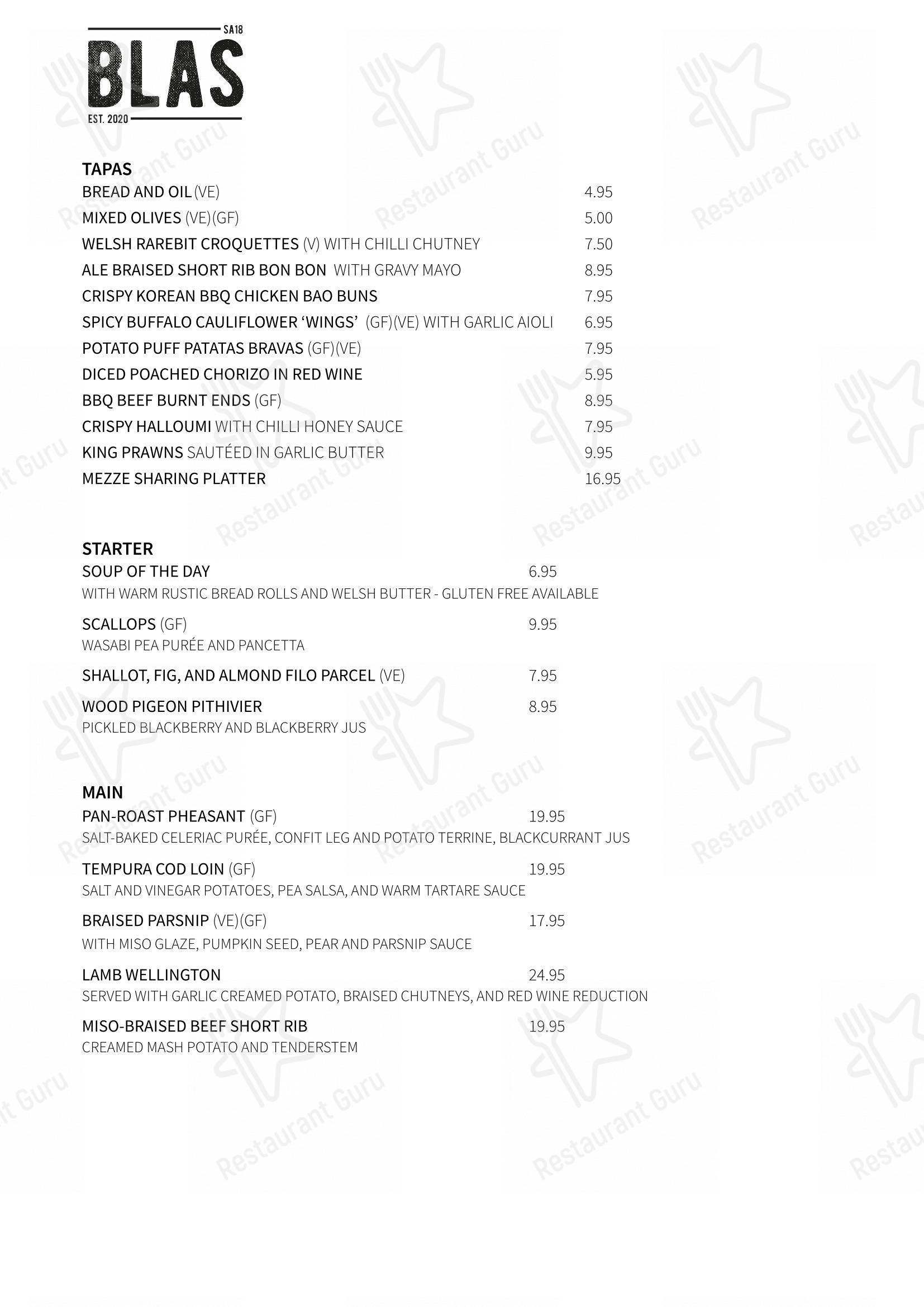 Menu at Blas restaurant, Ammanford