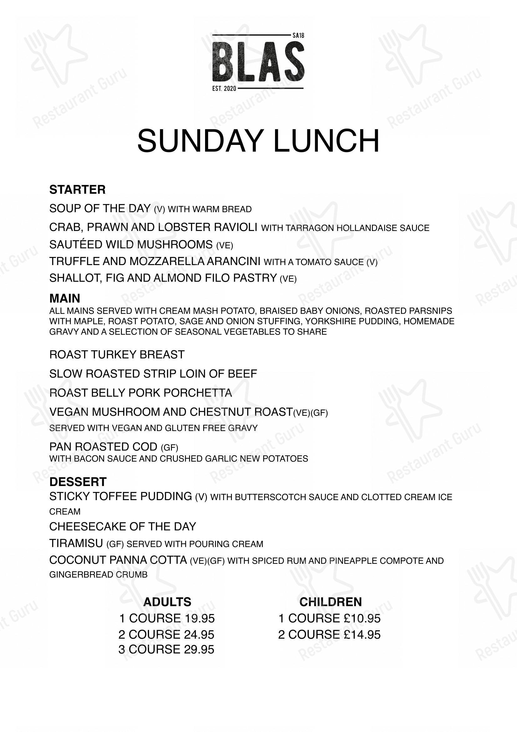 Menu at Blas restaurant, Ammanford