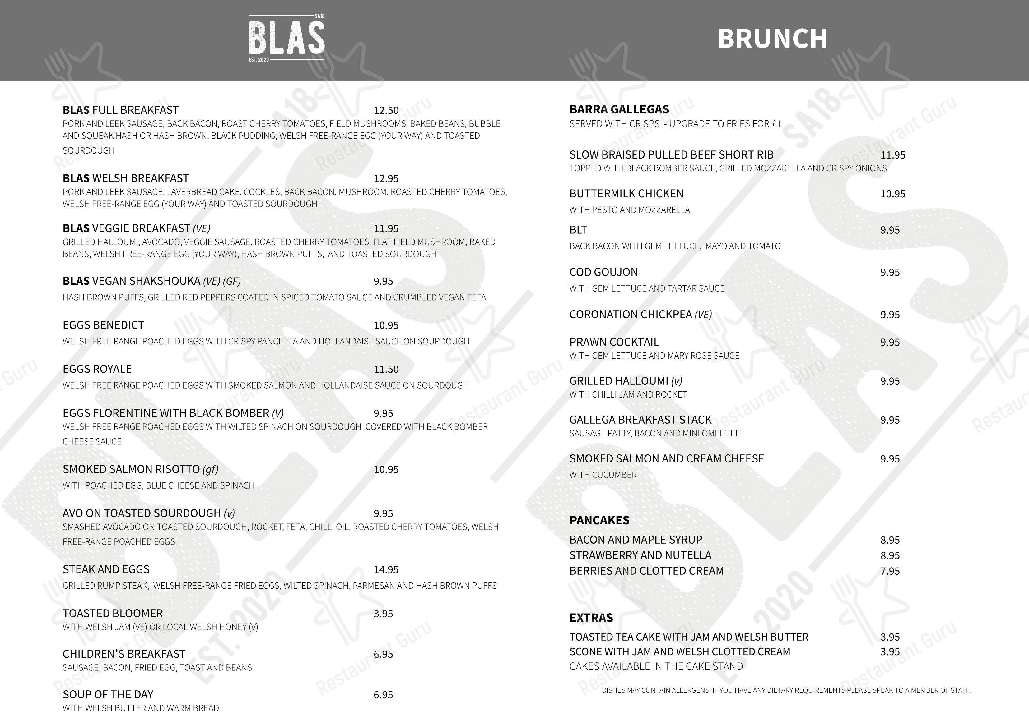 Menu at Blas restaurant, Ammanford