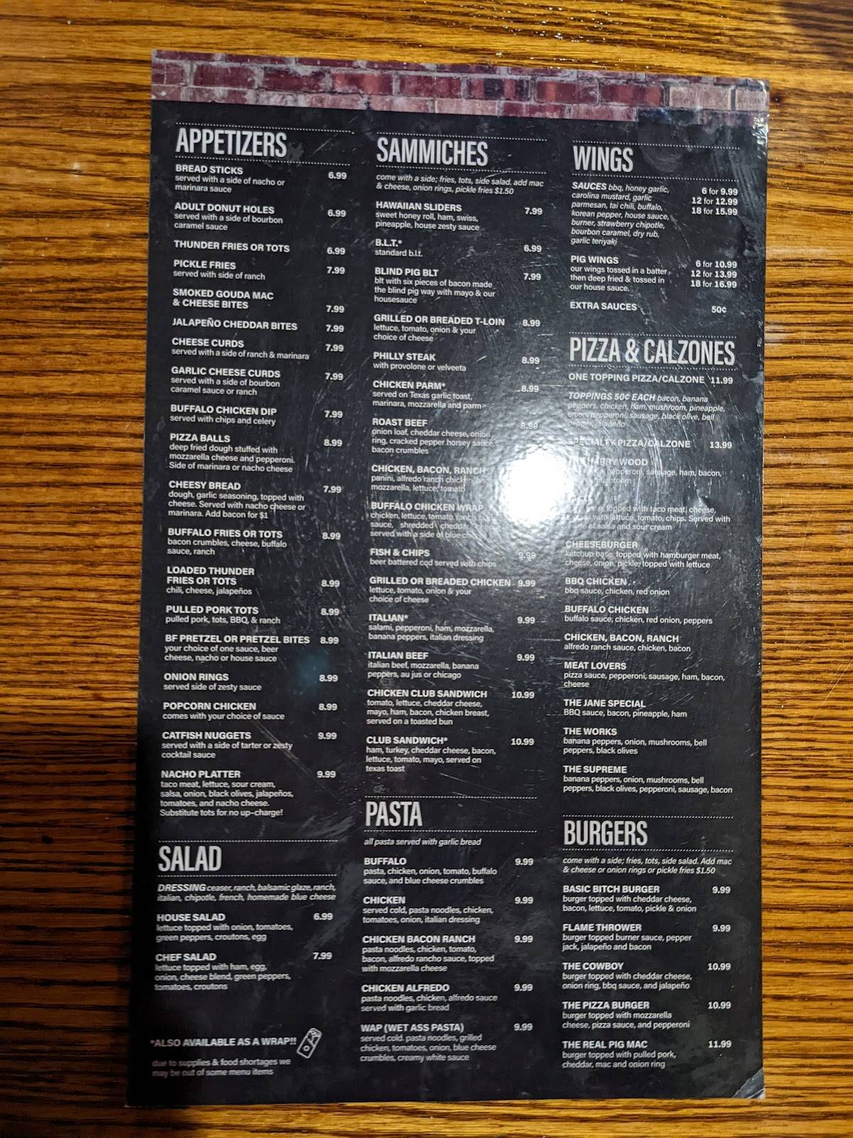 Carta del pub y bar Blind Pig, Lafayette