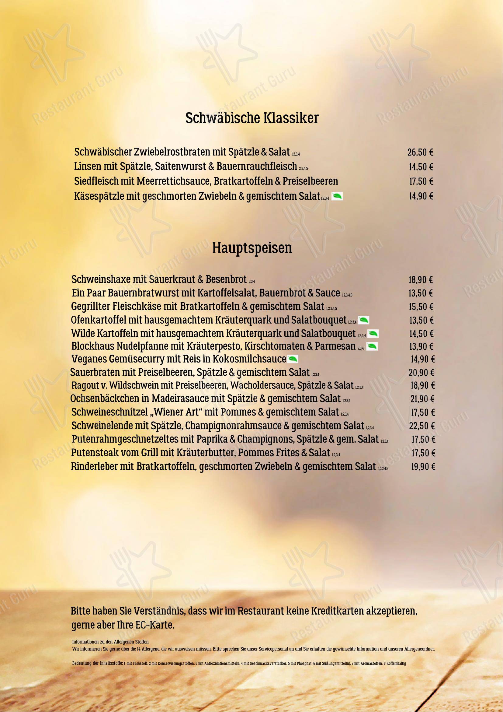 Speisekarte von Blockhaus Seeger restaurant, Abstatt, Im Hohbuch 2