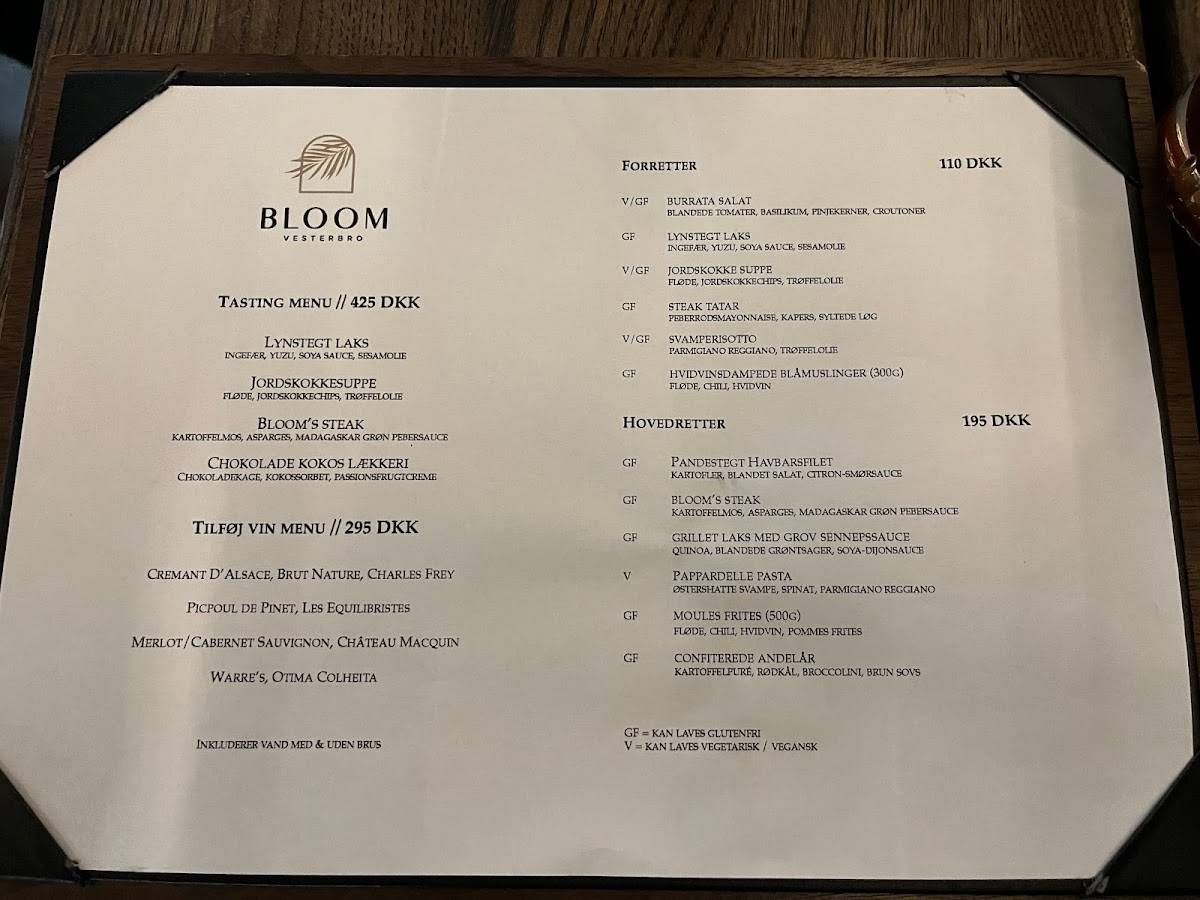 Speisekarte von Bloom Vesterbro restaurant, Kopenhagen