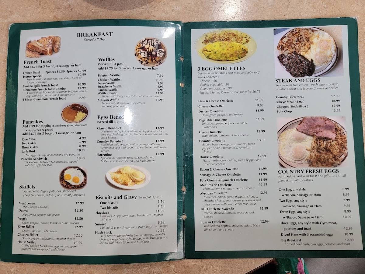 Menu at Tony's Diner restaurant, Bloomington