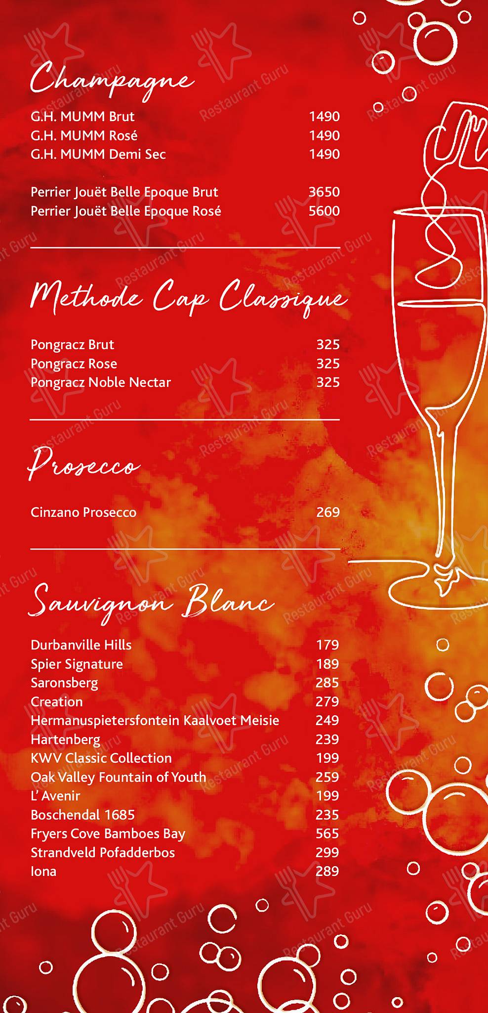 Menu at Blu Saffron restaurant, Pretoria