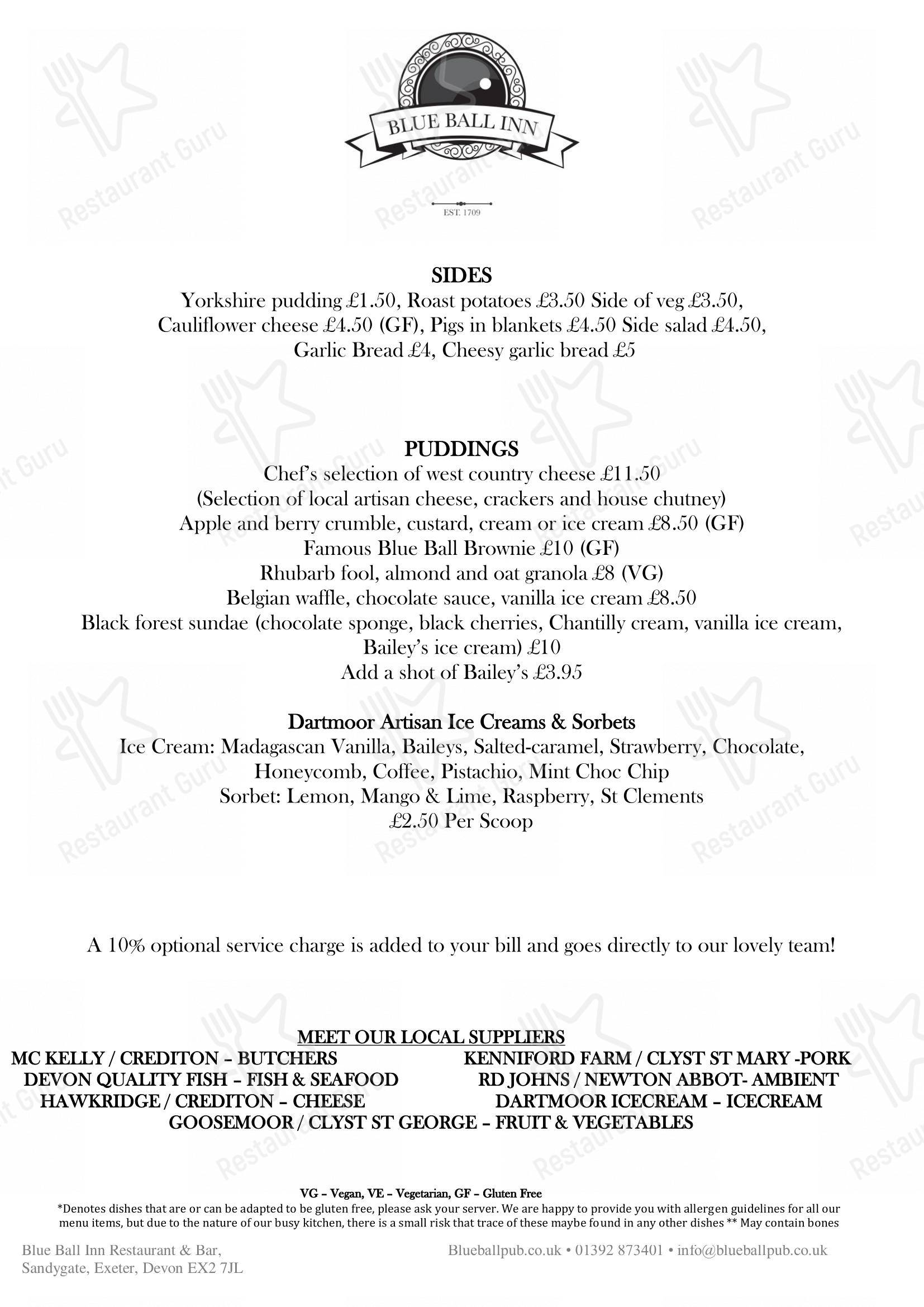 Menu at Blue Ball Inn pub & bar, Exeter
