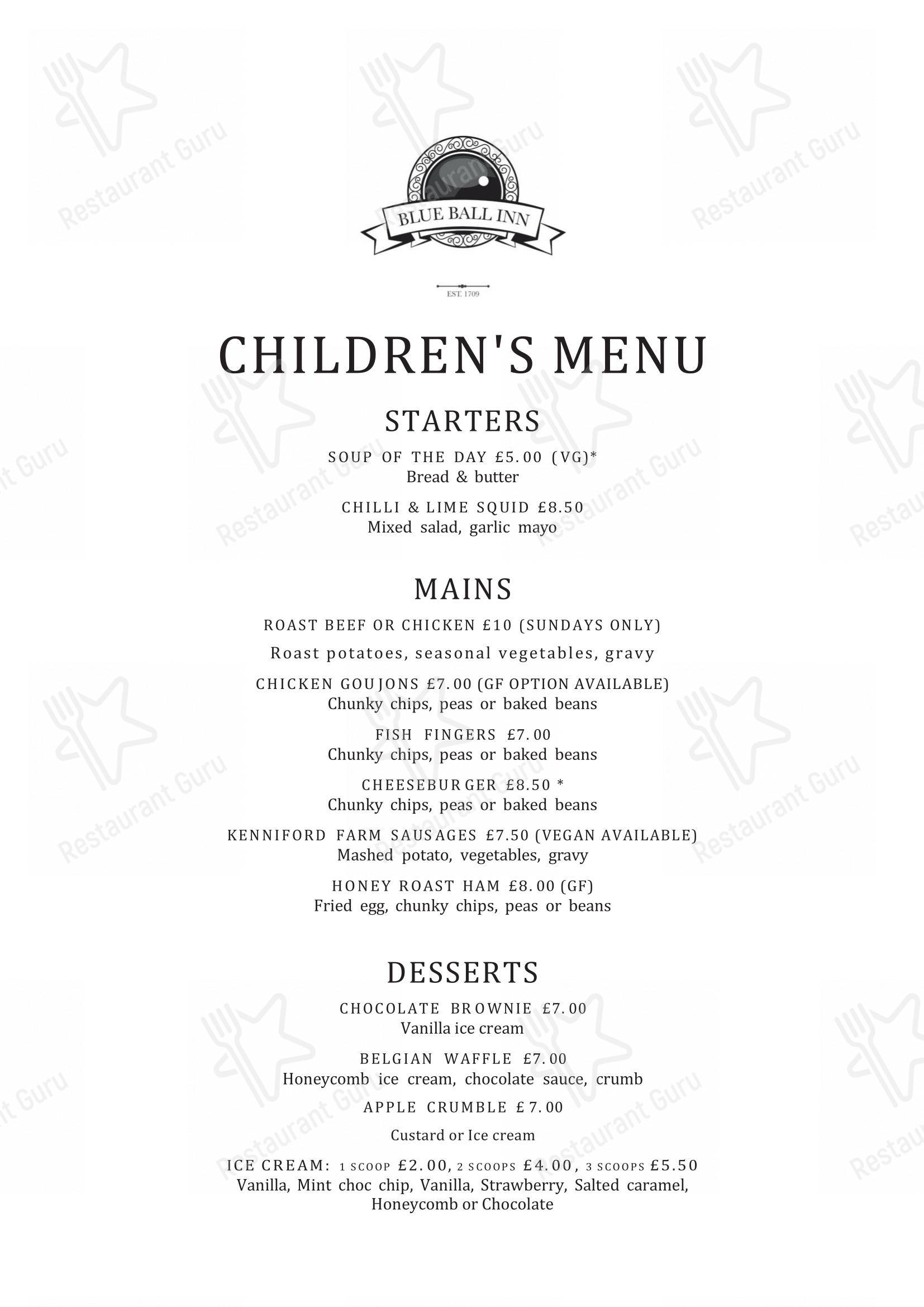 Menu at Blue Ball Inn pub & bar, Exeter