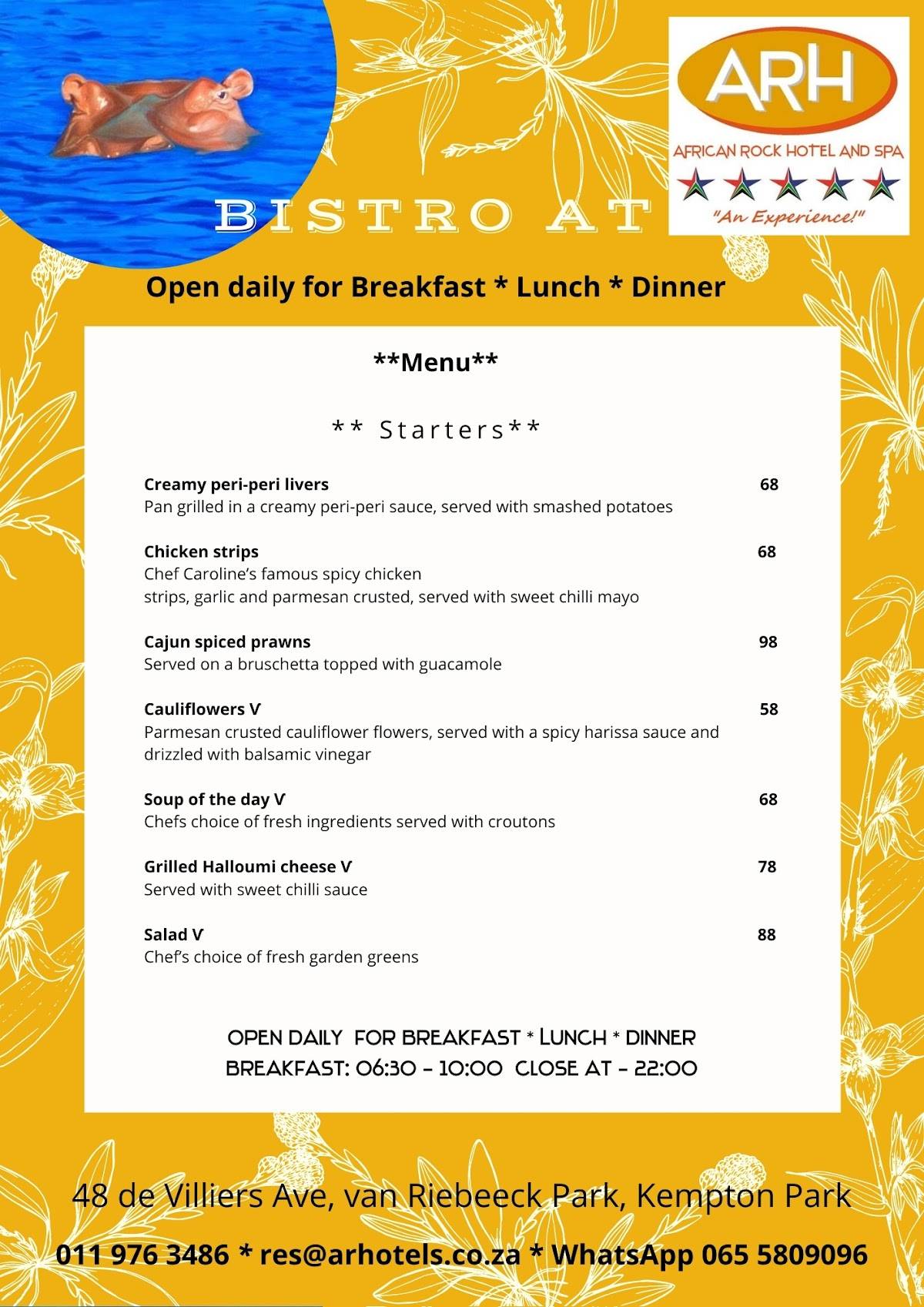 Carta de Blue Hippo Bistro, Kempton Park