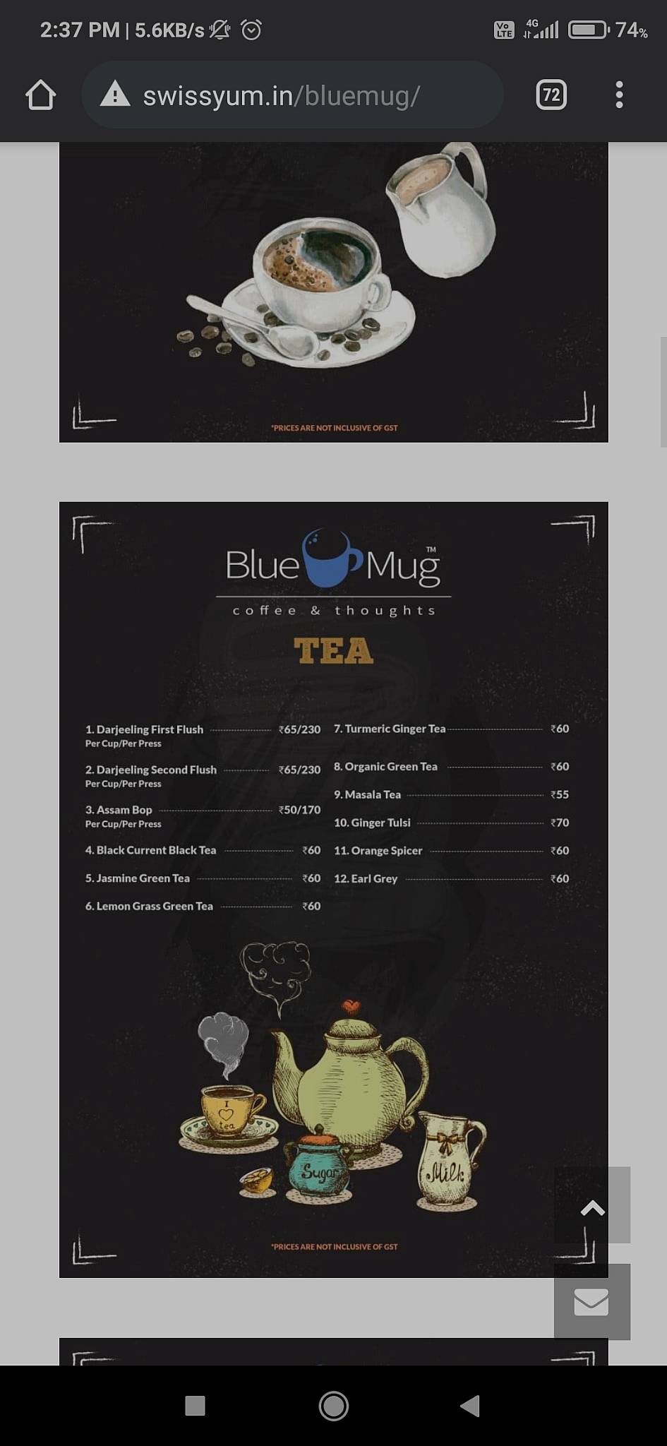 Menu at Blue Mug Cafe, Kolkata