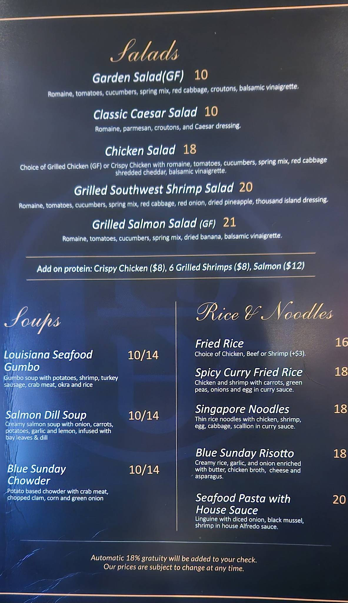 Menu at Blue Sunday Bar & Grill, Bensalem