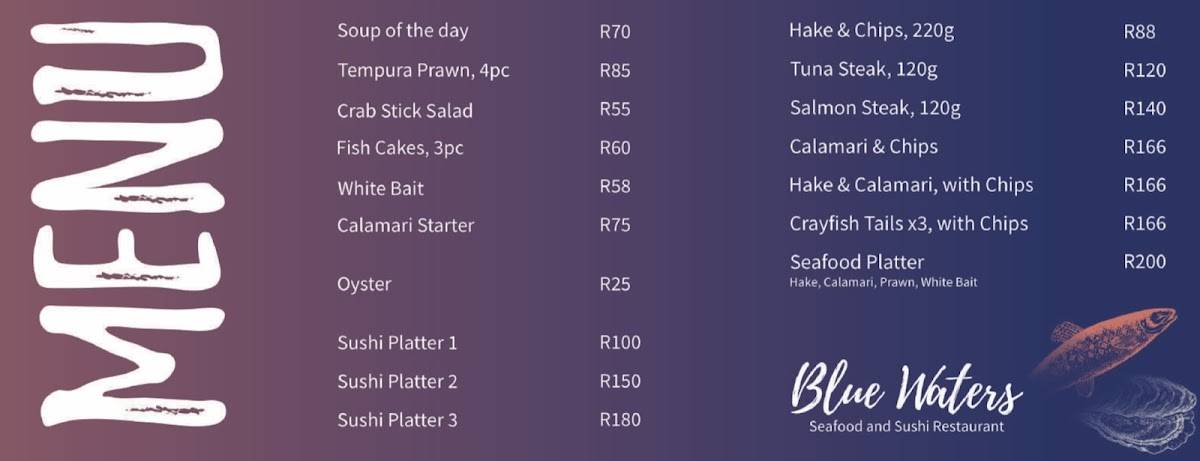 Menu au Blue Waters @ Root44 restaurant, Stellenbosch