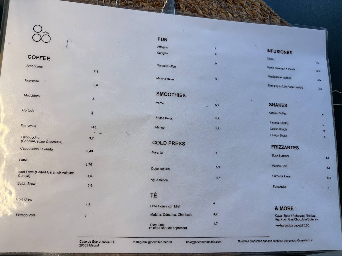 Carta de cafetería Bô Specialty Coffee, Madrid