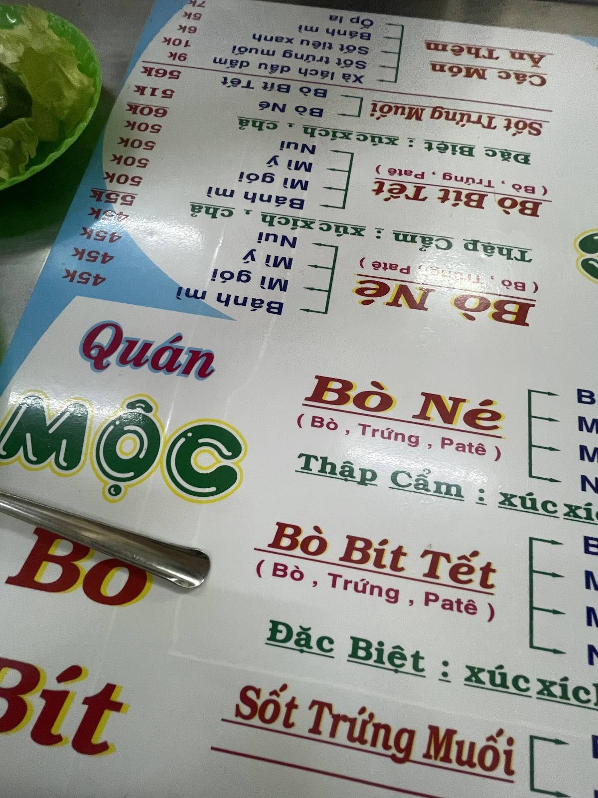 Menu at Bò bít tết Mộc restaurant, Ho Chi Minh City