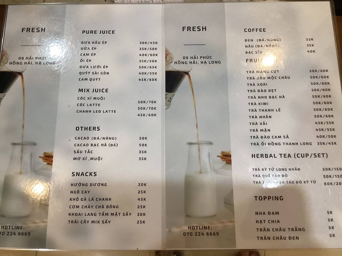 Menu at Bo cafe, Ha Long