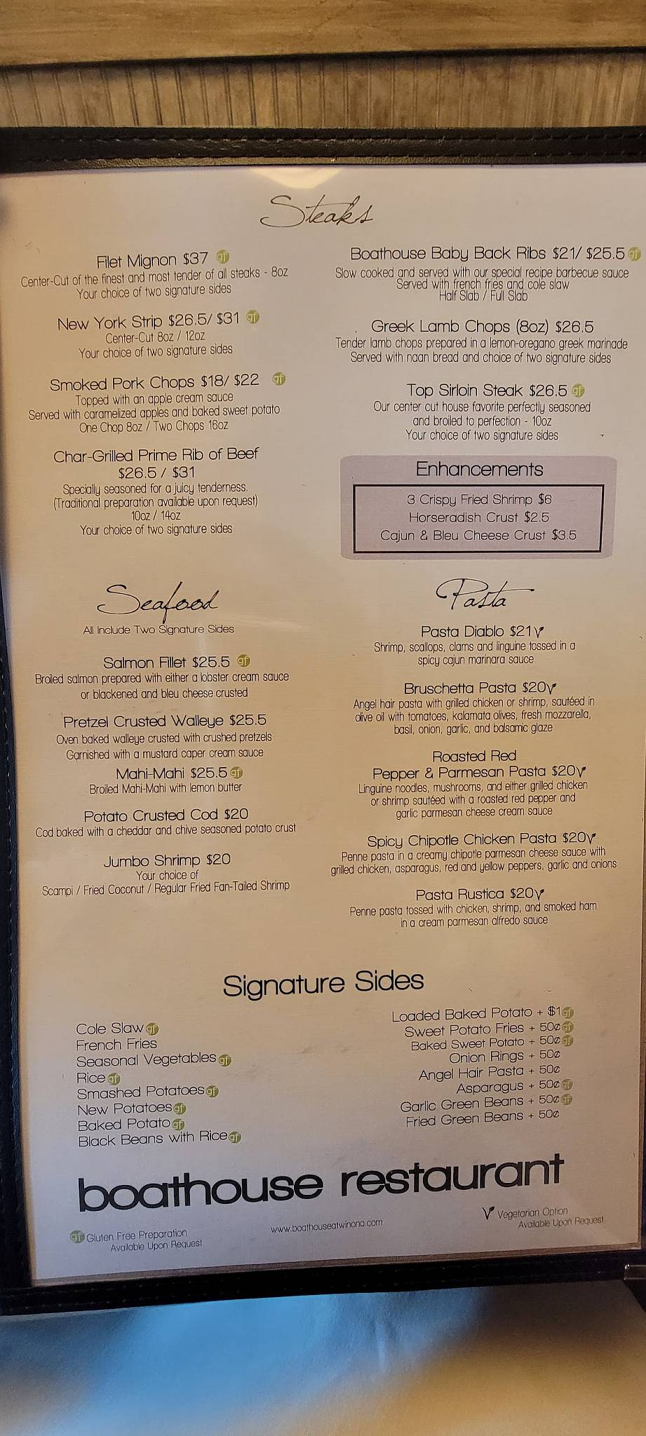 Menu at Boathouse Restaurant, Winona Lake