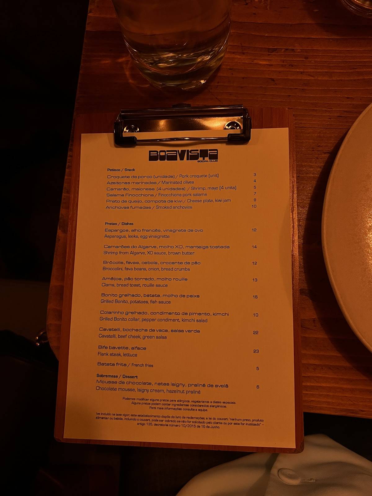 Menu at Boavista Social Club, Lisbon