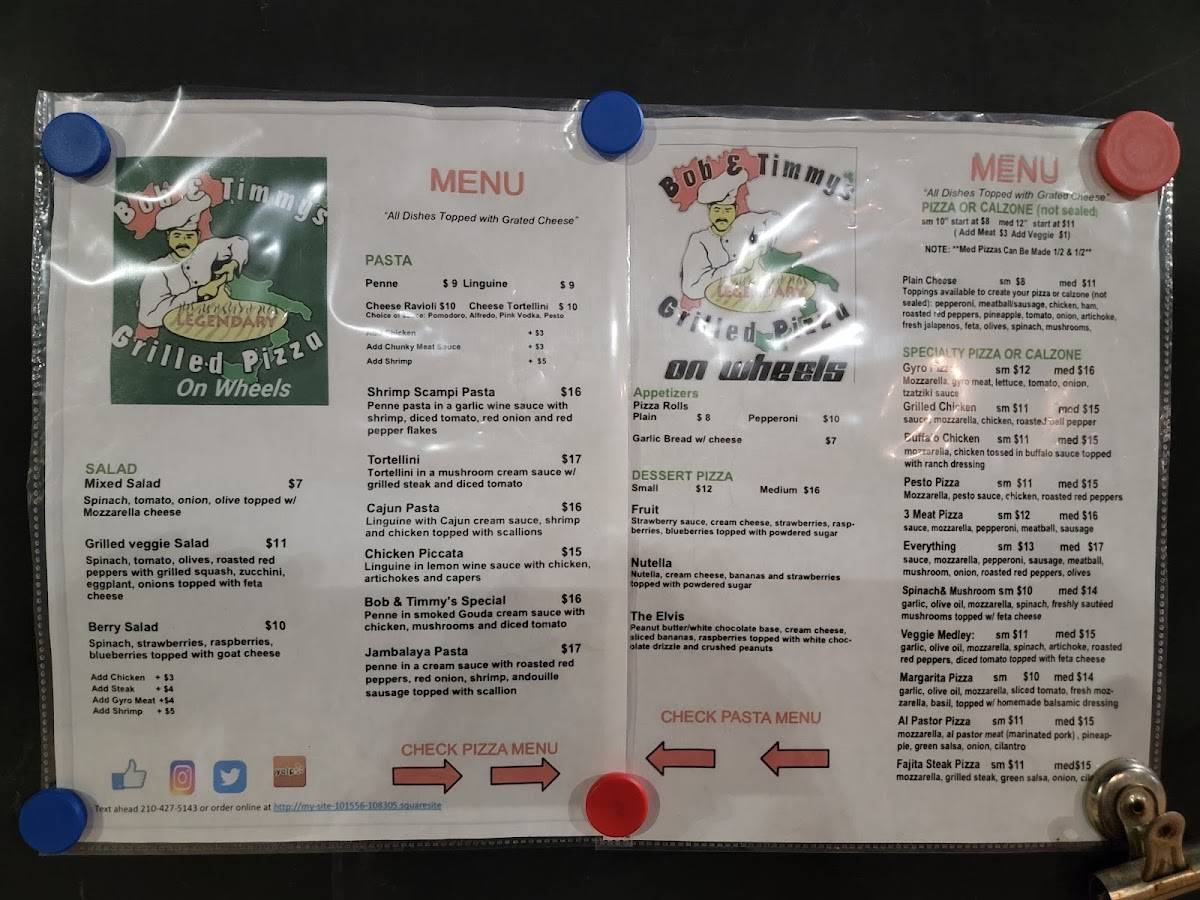 Menu at Bob & Timmy's Grilled Pizza on Wheels, San Antonio