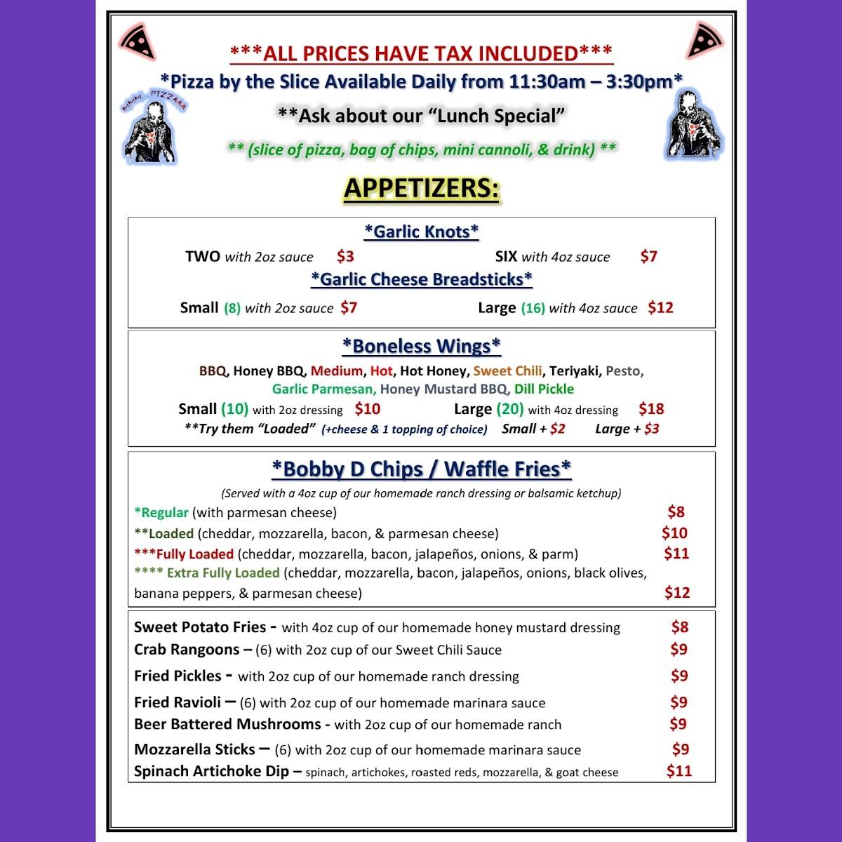 Menu at Bobby D's pizzeria, Jefferson