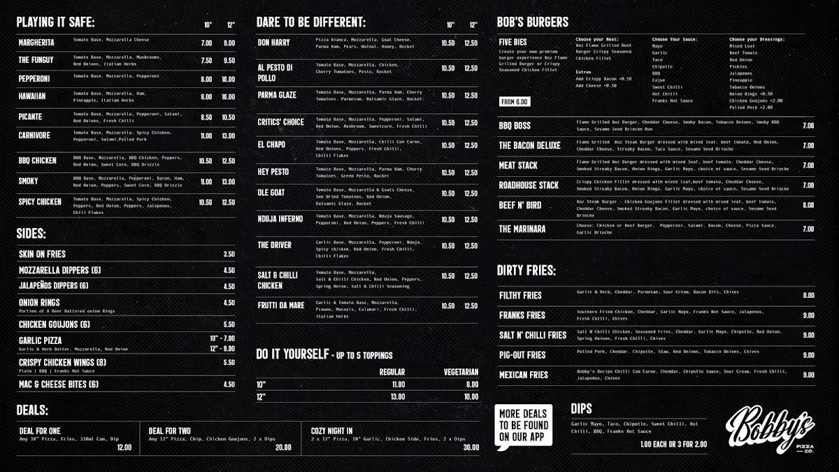 Menu at Bobby's Pizza restaurant, Lisburn