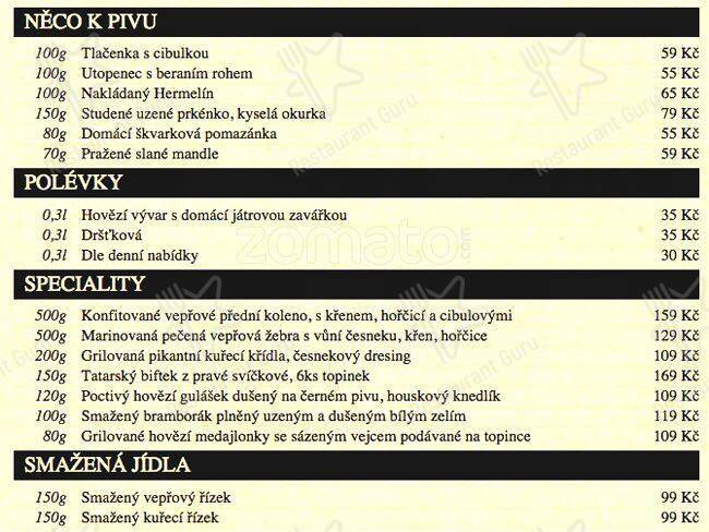 Menu at Bohémská hospoda restaurant, Pardubice