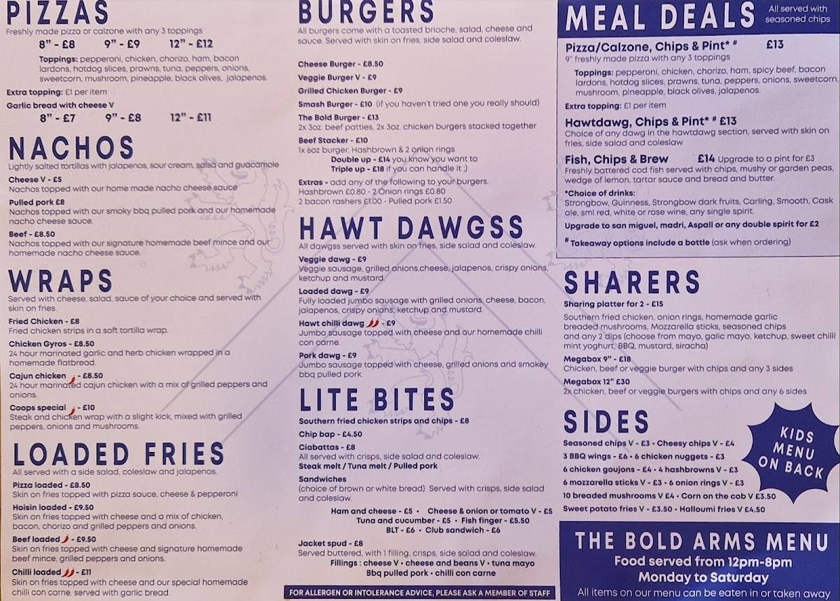 Menu at Bold Arms pub & bar, Beaumaris