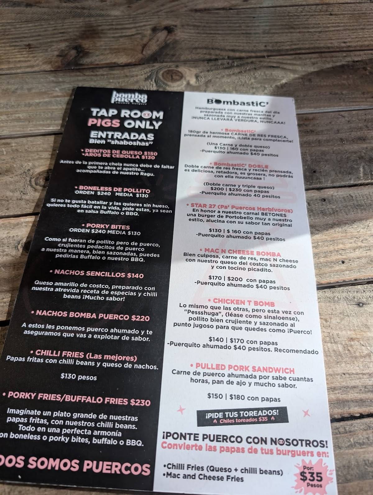 Carta del restaurante Bomba Puerco Smoked Burgers, Ensenada