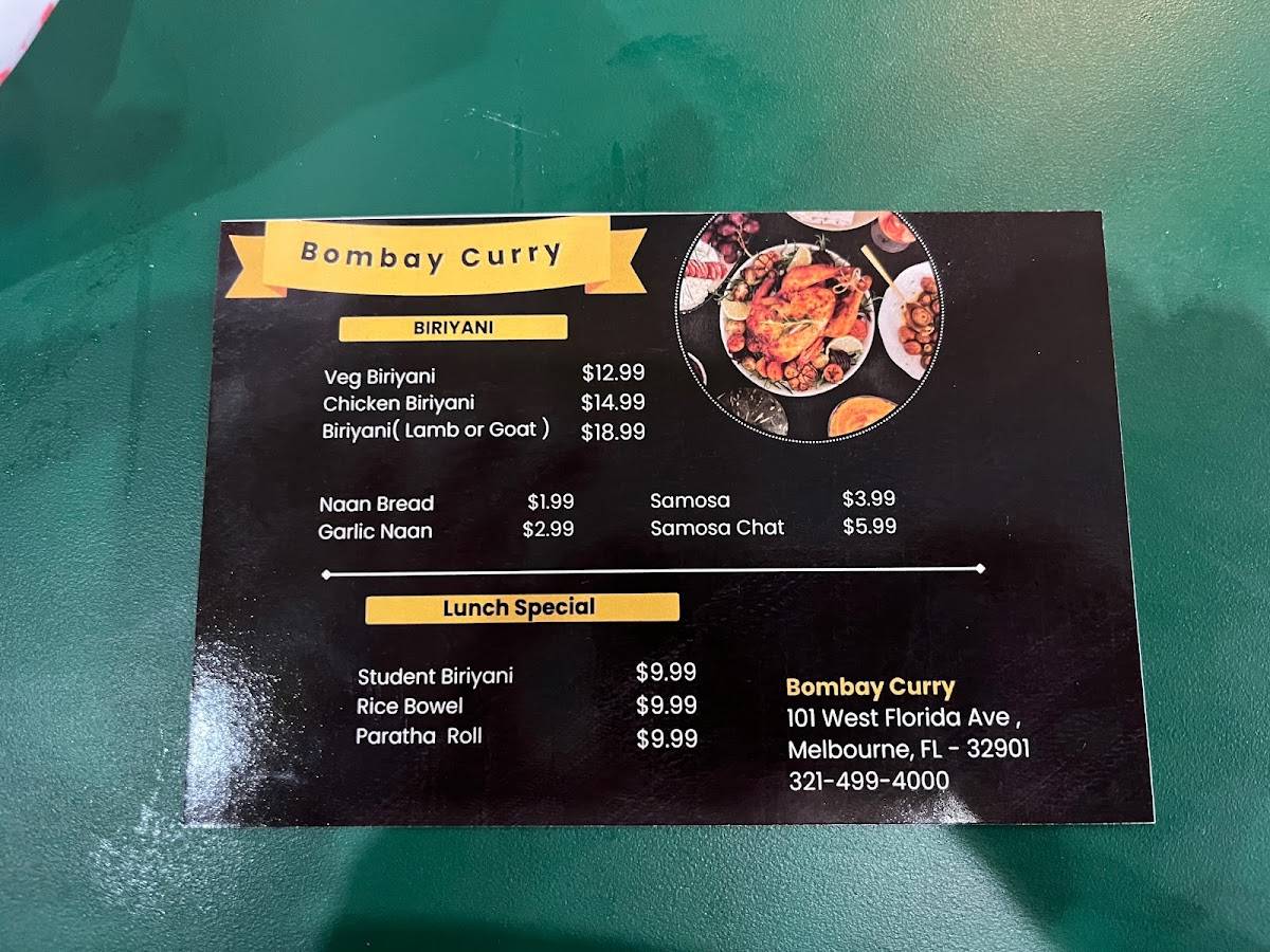 Carta del postres Bombay Curry, Melbourne, 101 W Florida Ave