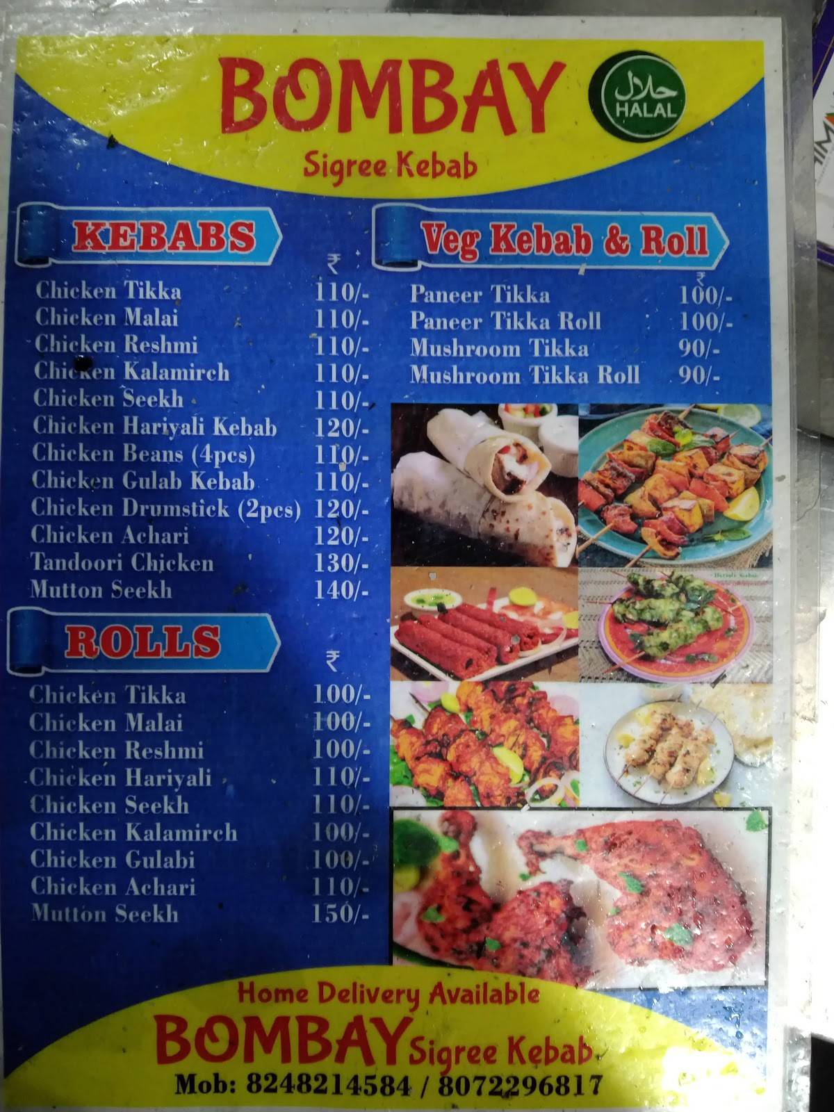 Menu at Bombay Sigree Kebab Food Stall, Chennai