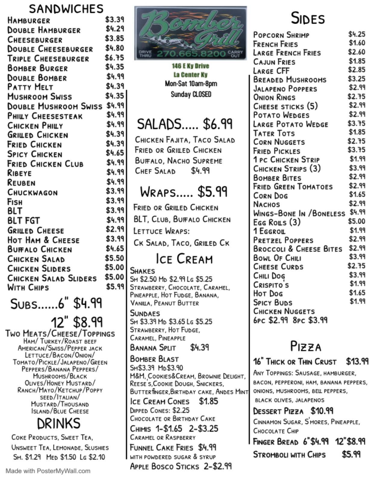 Menu at Bomber Grill restaurant, La Center