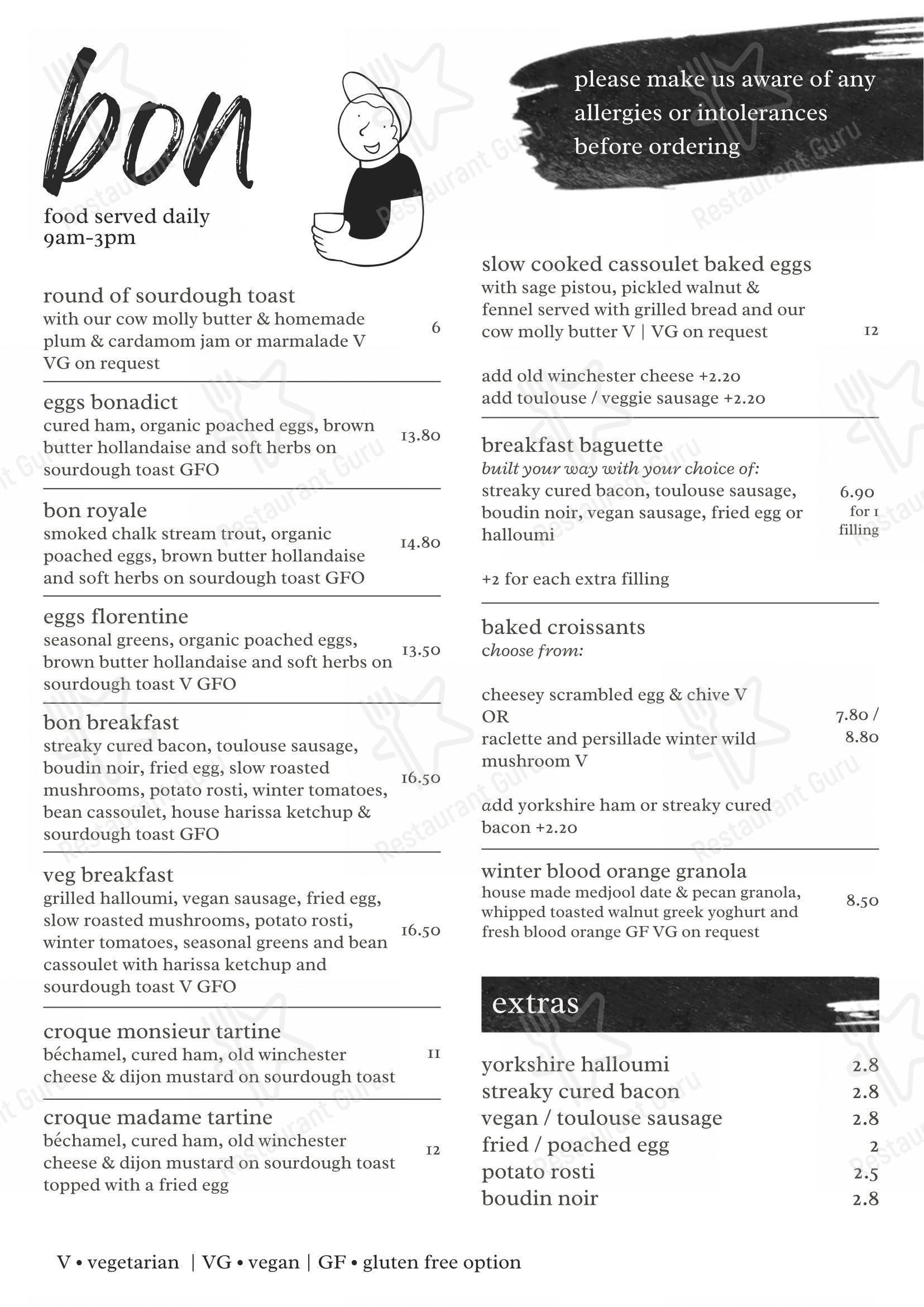 Menu at Bon cafe, Sheffield