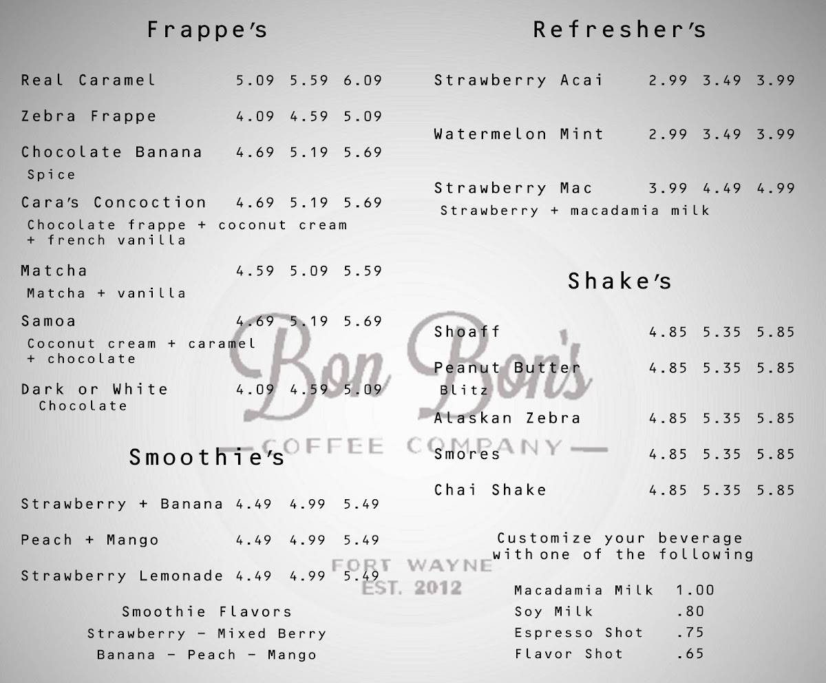 Menu at Bon Bon's Coffee - Lutheran Hospital, Fort Wayne, W Jefferson Blvd