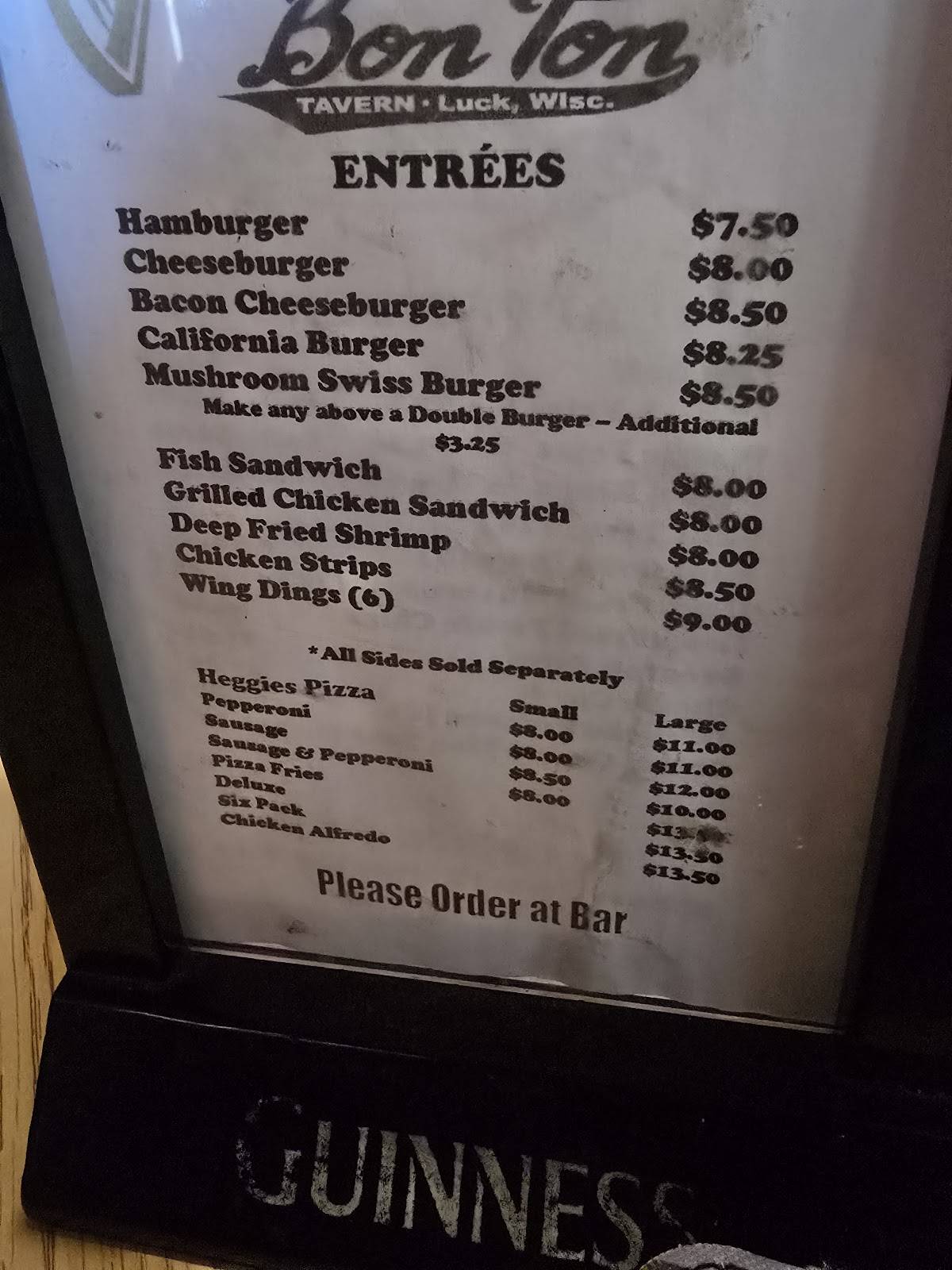 Menu at Bon Ton Tavern pub & bar, Luck