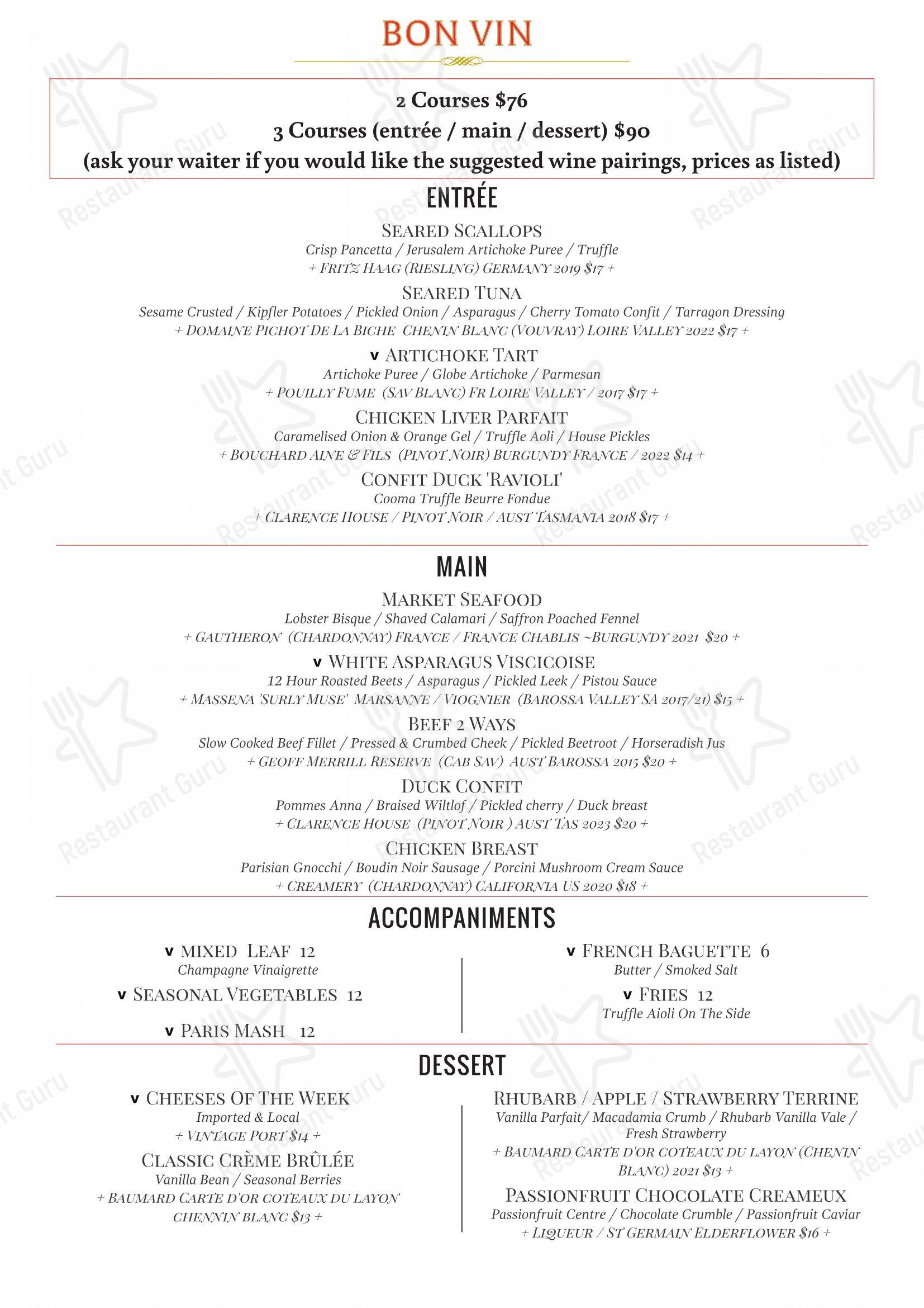 Menu at Bon Vin pub & bar, Darlinghurst