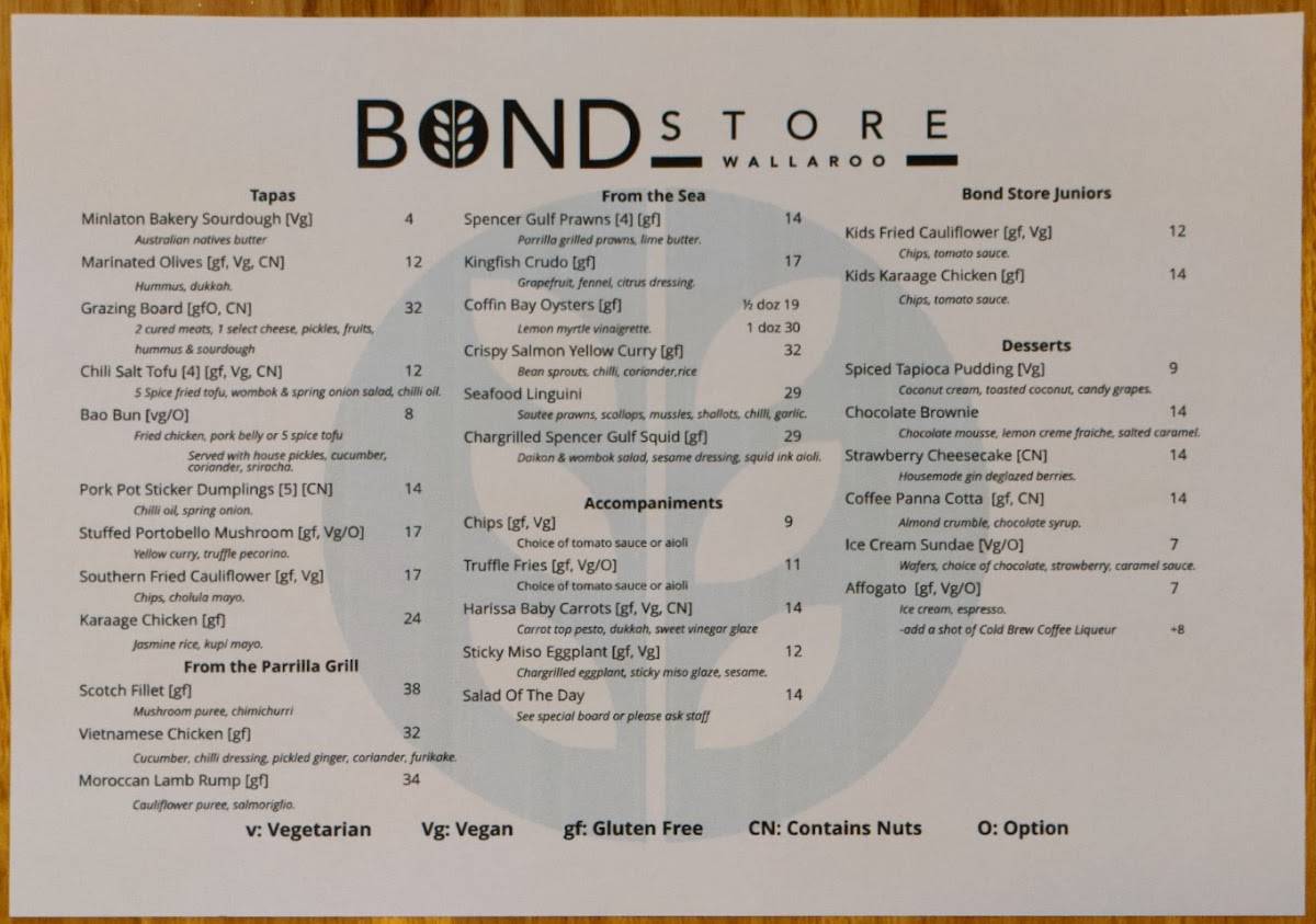 Menu at Bond Store Wallaroo restaurant, Wallaroo
