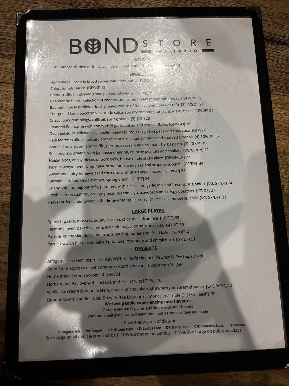 Menu at Bond Store restaurant, Wallaroo