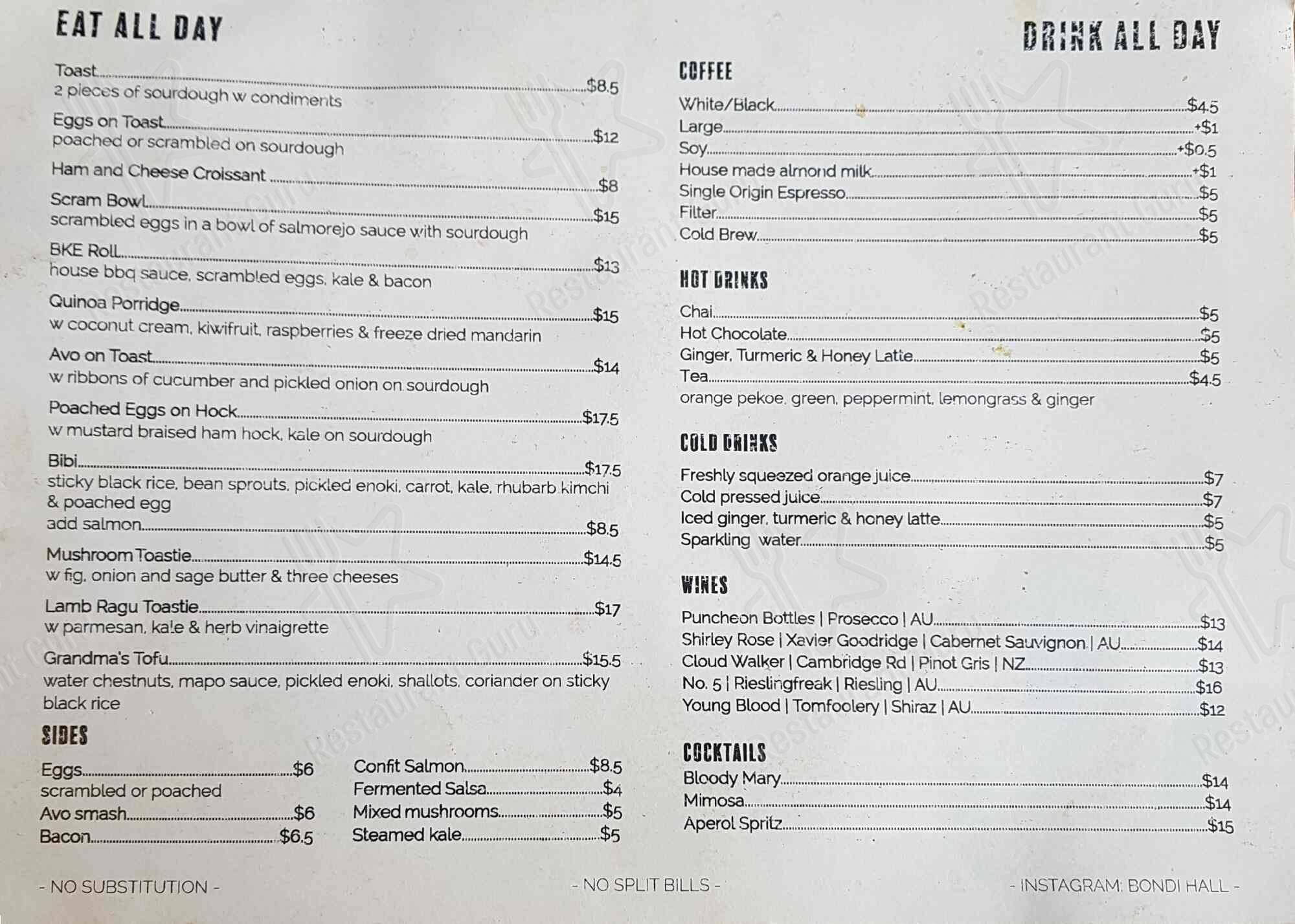 Menu at Bondi Hall cafe, Bondi