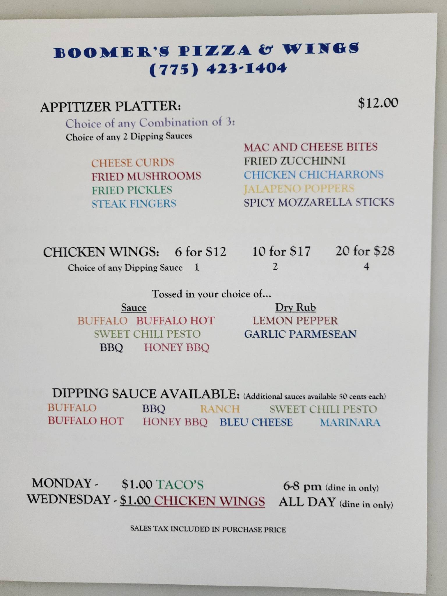 Menu at Boomer's Bar, Fallon