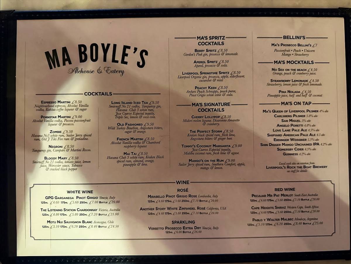 Menu at Ma Boyle's Alehouse and Eatery pub & bar, Liverpool