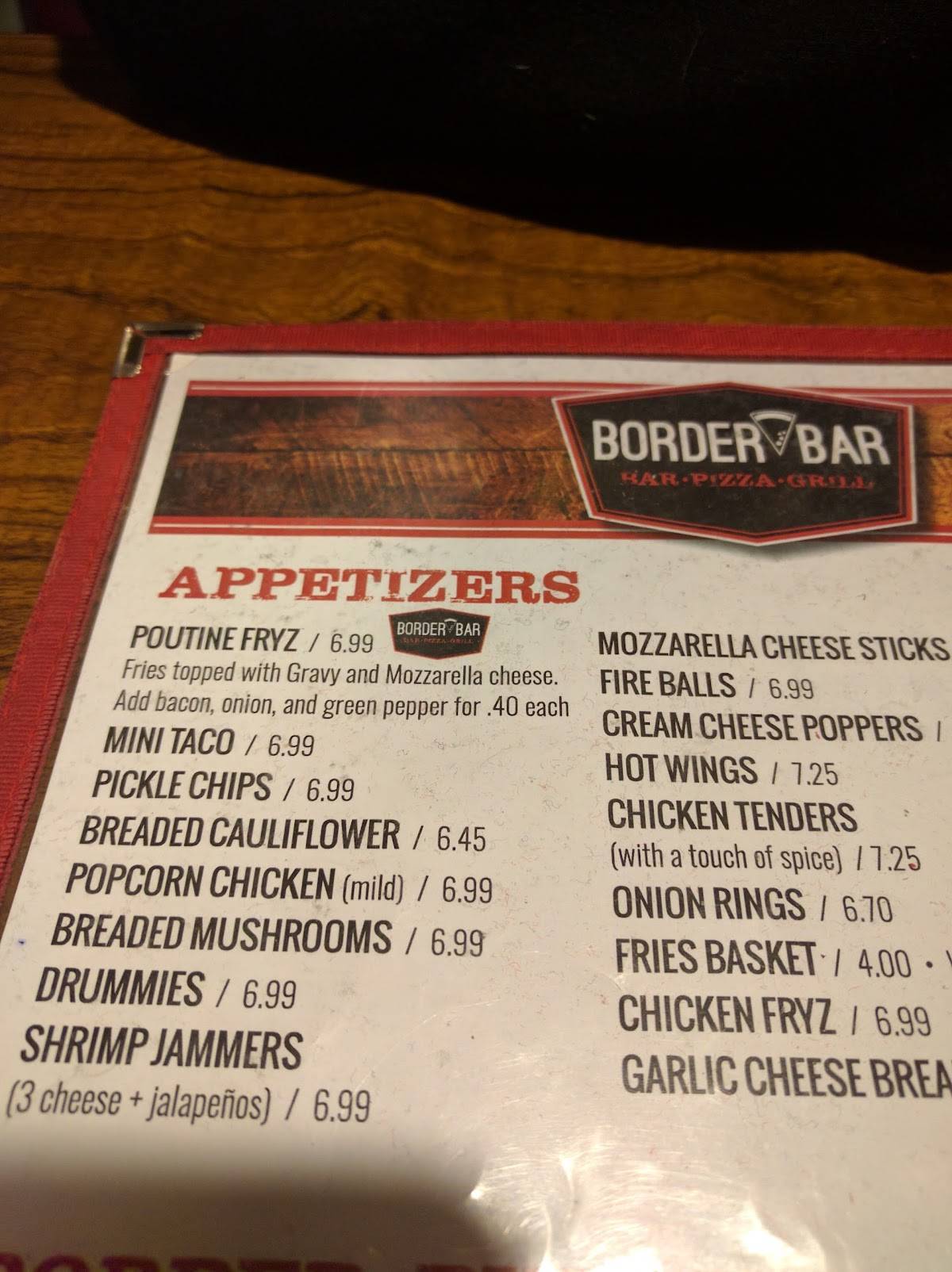 Menu at Border Bar Pizza Parlor, International Falls