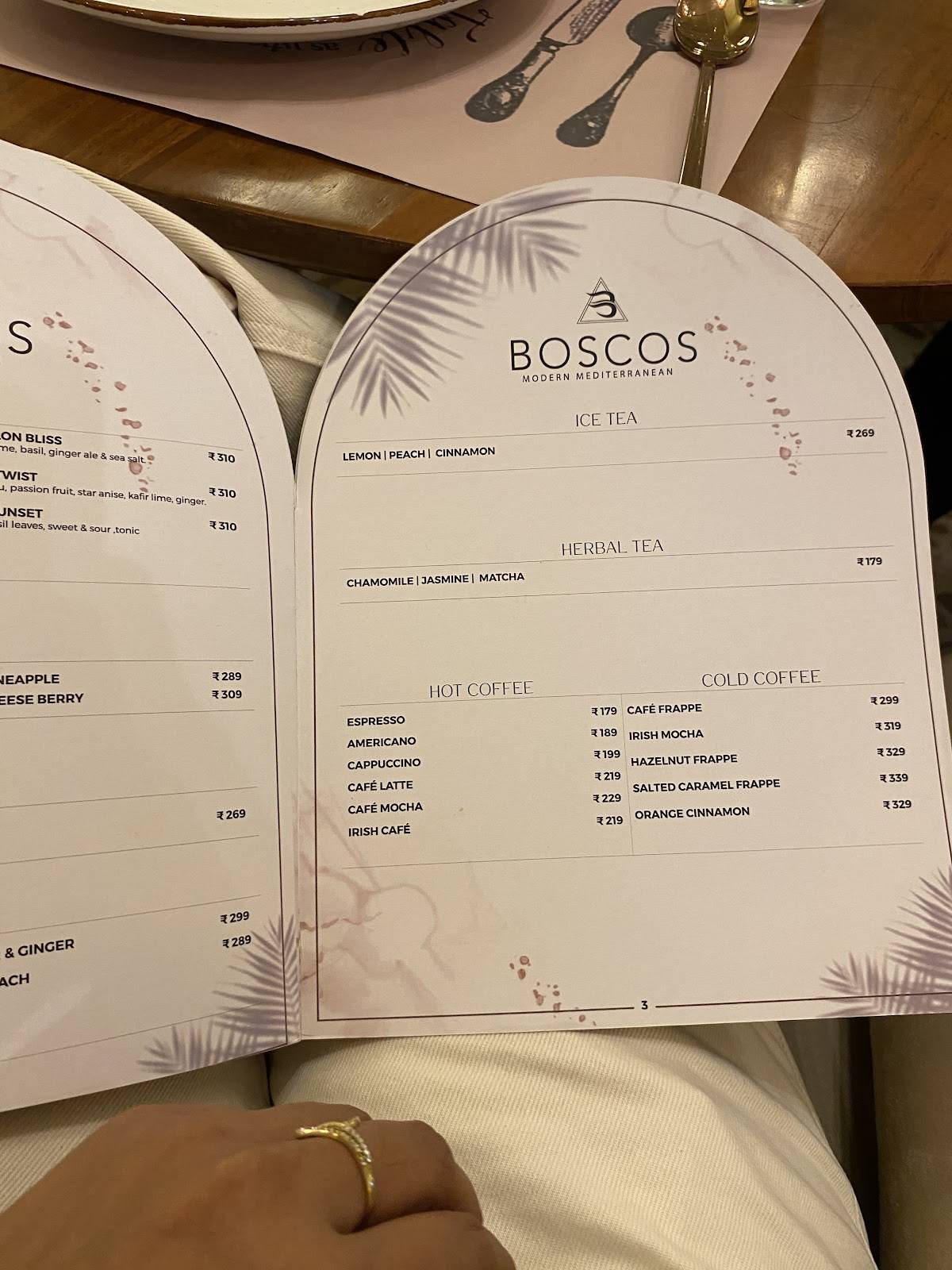 Menu at Boscos, Bhopal