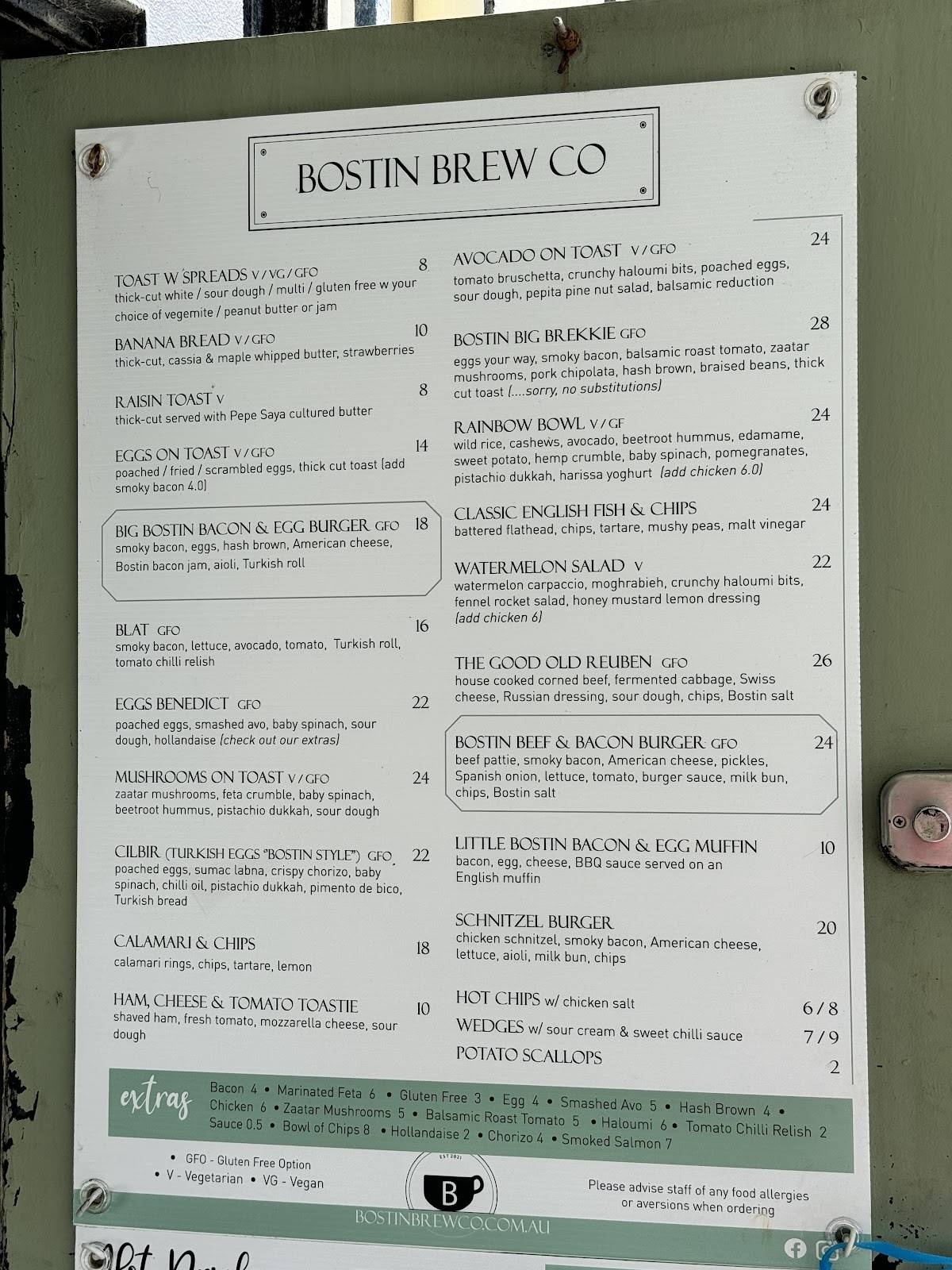 Menu at Bostin Brew Co Forster cafe, Forster