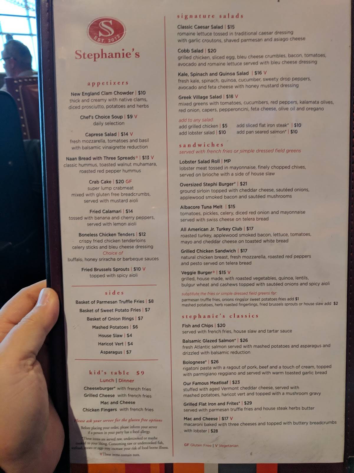 Menu at Stephanie's pub & bar, Boston, Logan Airport Terminal B
