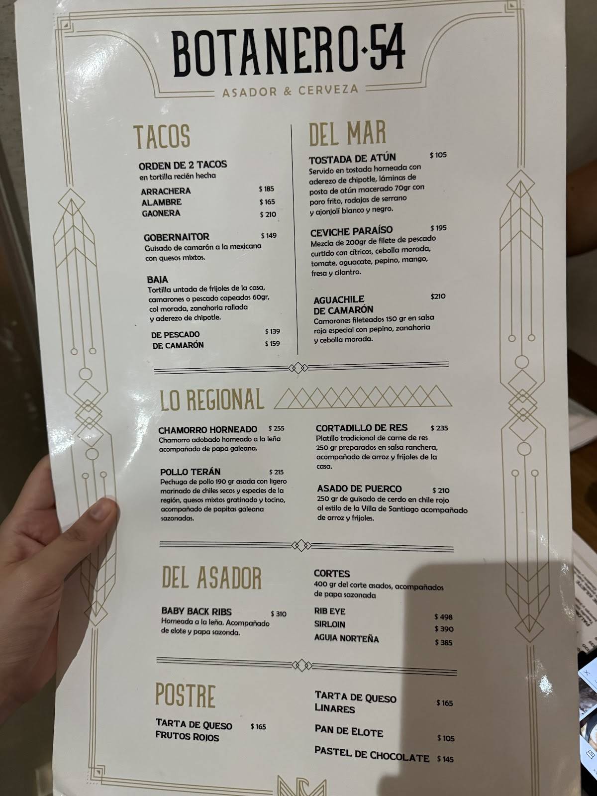 Menu at Botanero 54 restaurant, Monterrey