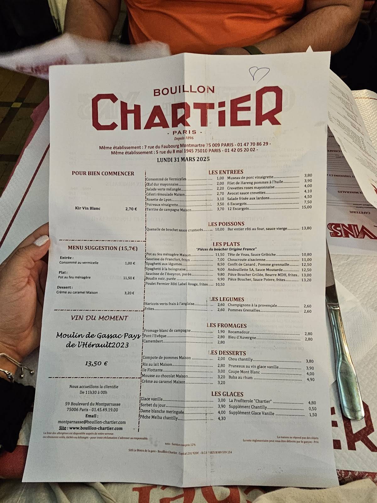 Menu at Bouillon Chartier restaurant, Paris, 59 Bd du Montparnasse