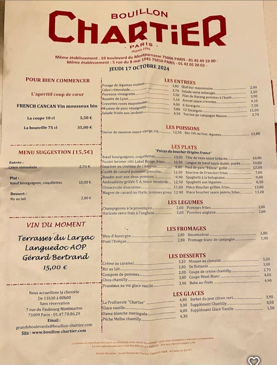 Menu au Bouillon Chartier restaurant, Paris, 59 Bd du Montparnasse