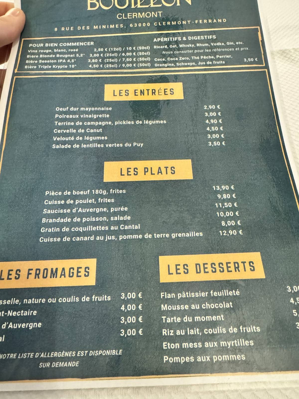 Menu au Bouillon Clermont restaurant, Clermont-Ferrand